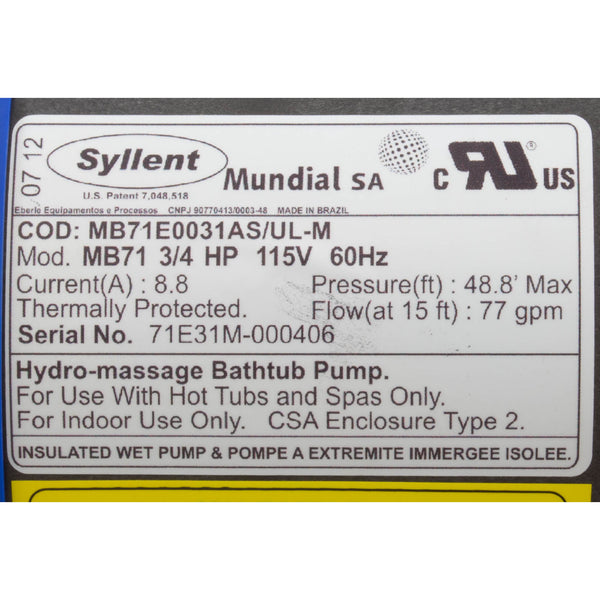 Mundial Syllent Pump 0.75 HP [8.8A] [1S] [Mini-JJ Plug] (MB71E0031AS-U