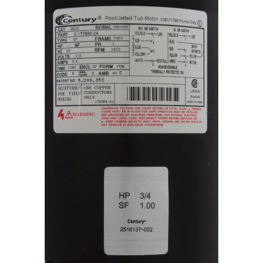 AOS Century 0.75 HP [9.4A] [48Y/TB] Spa Motor (BN24V1)
